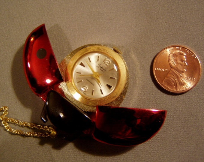 Vintage Red Ladybug Pendant Watch on Chain Jufrex Swiss Wind up Watch ...
