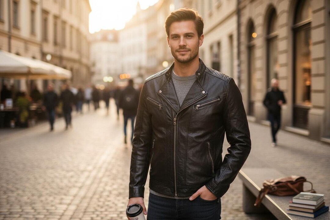 Men's Black Leather Genuine Jacket – Modern Biker Jacket, Size Medium ...