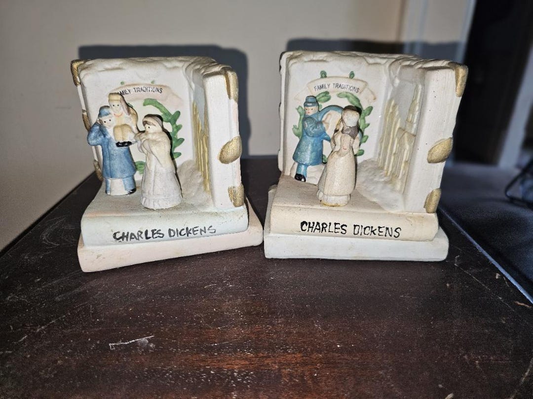 Charles Dickens Family Traditions Bookends – Vintage Ceramic Victorian ...