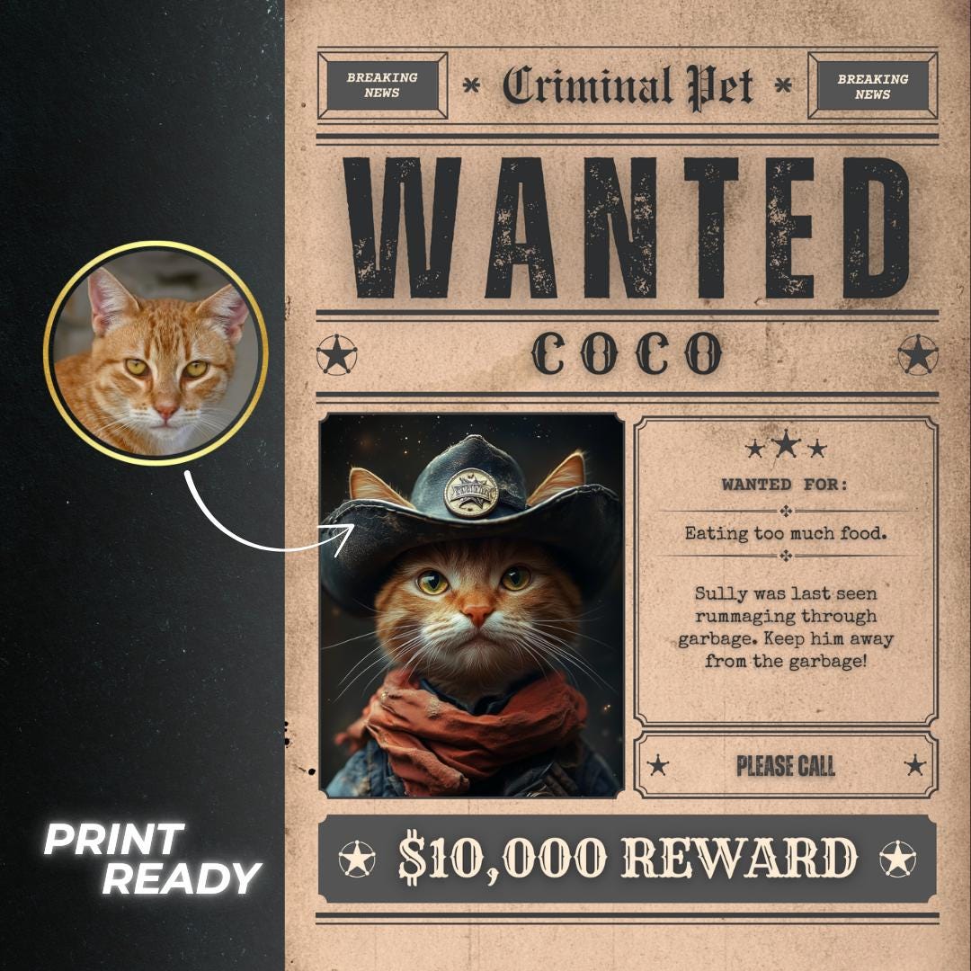 Custom Pet Wanted Poster, Custom Pet Portrait, Western Pet Art ...