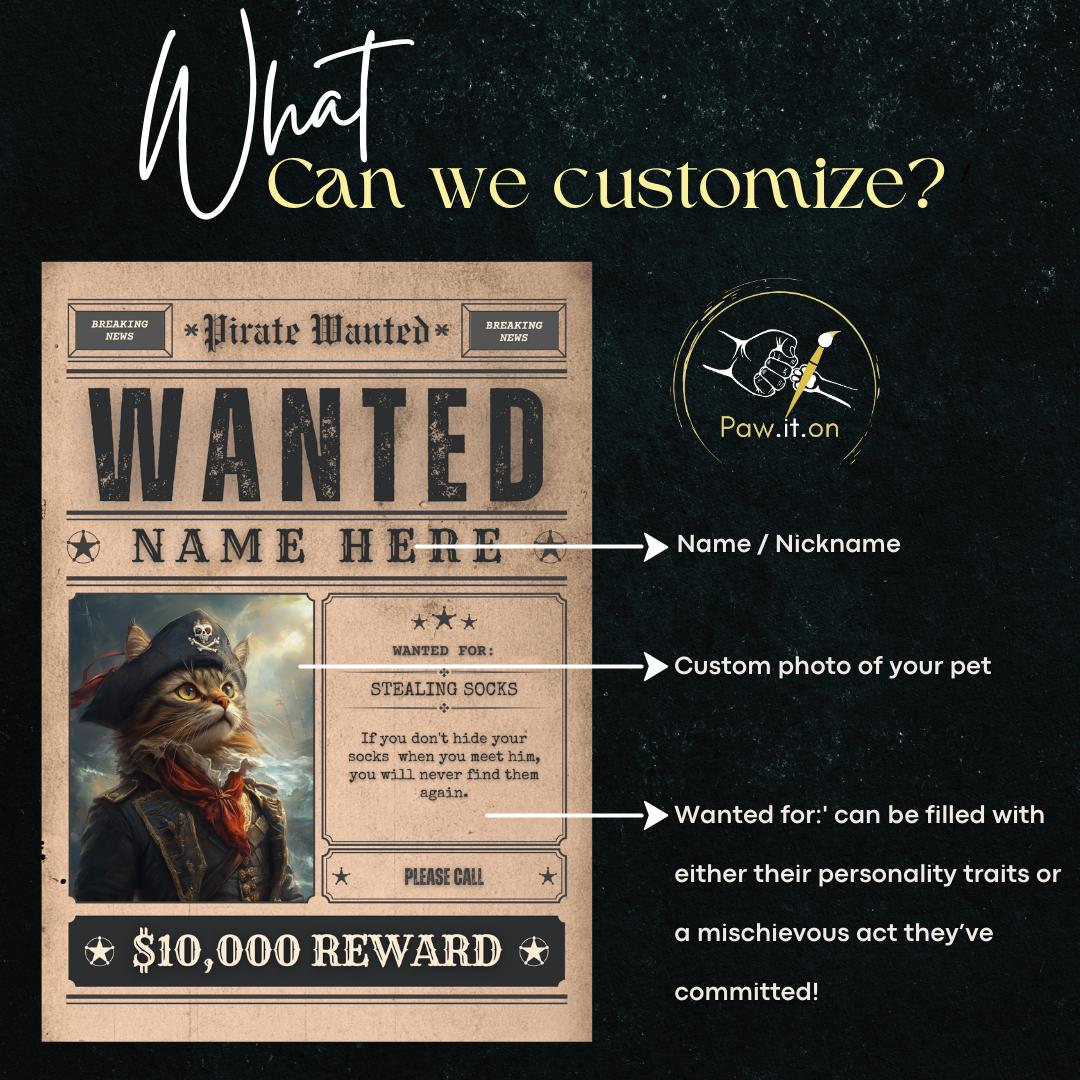 Custom Pet Wanted Poster, Pirate Pet Portrait, Funny Pet Mugshot ...