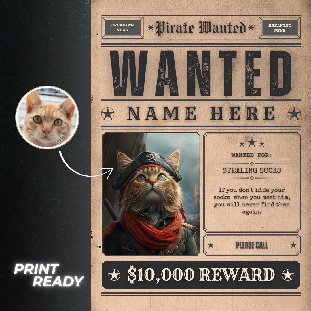 Custom Pet Wanted Poster, Pirate Pet Portrait, Funny Pet Mugshot ...