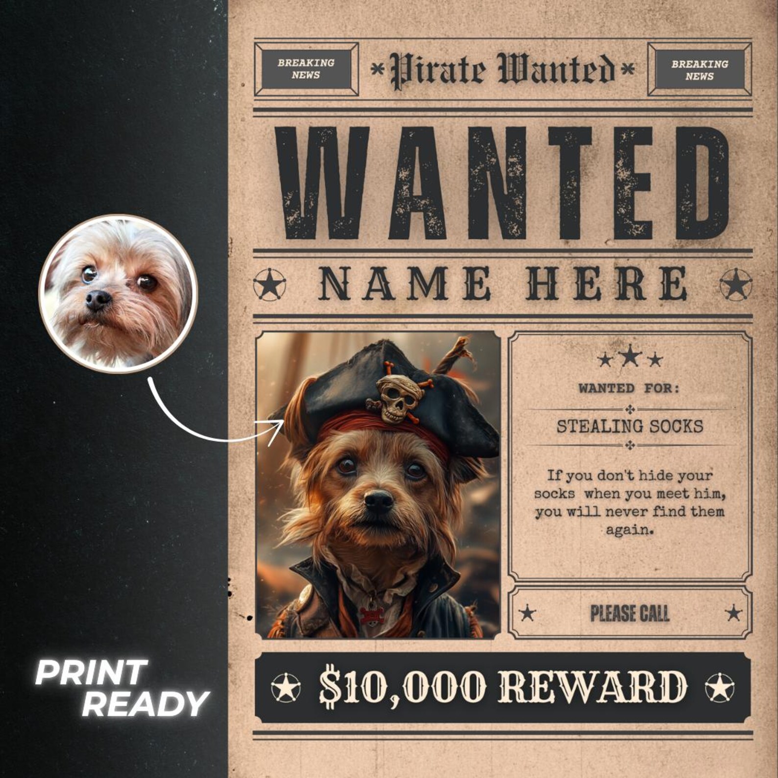 Custom Pet Wanted Poster, Pirate Pet Portrait, Funny Pet Mugshot ...