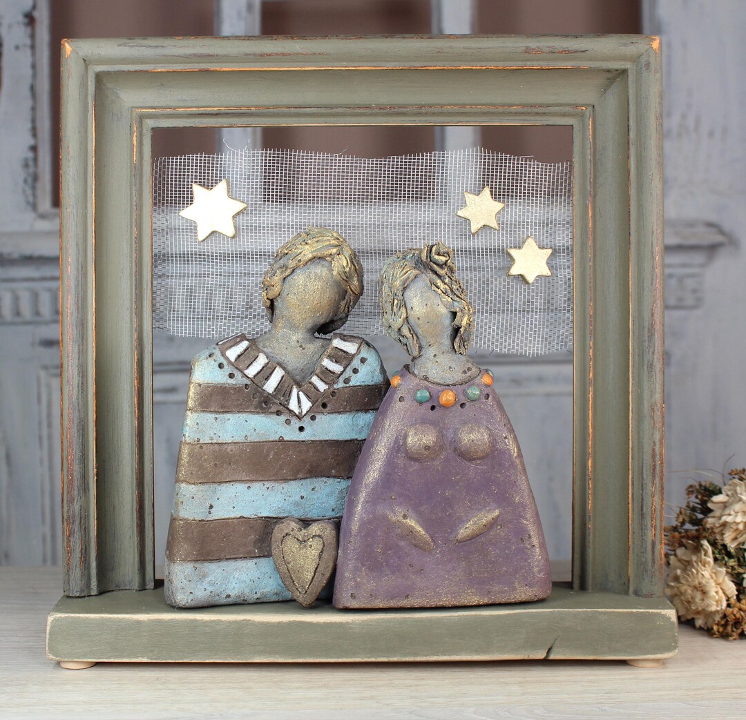Handmade Ceramic Couple Figurines in Wooden Frame - Romantic Art ...