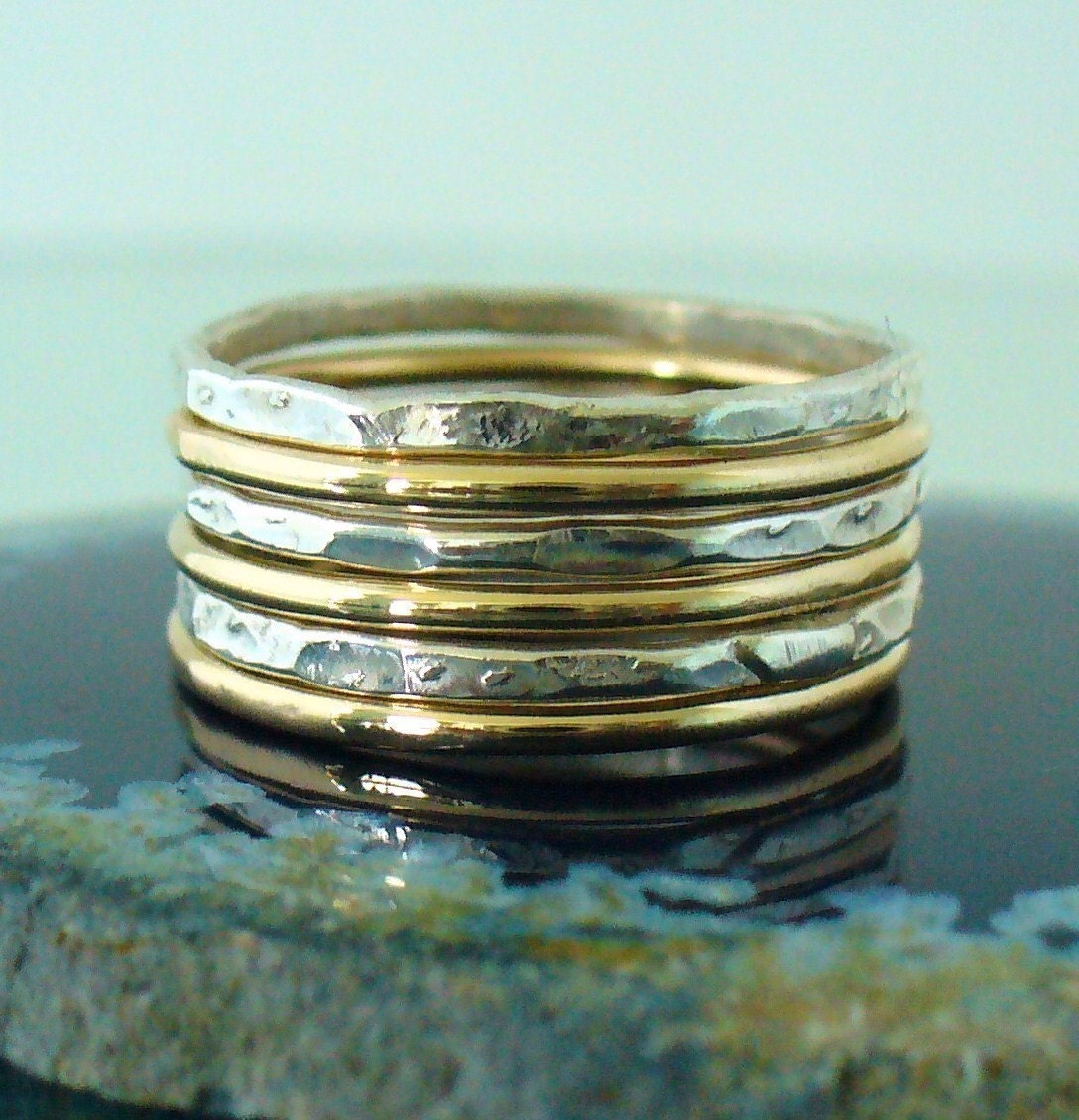 Stack Ring Set of 6 Polished Gold Band Hammered Silver Band - Etsy Sweden
