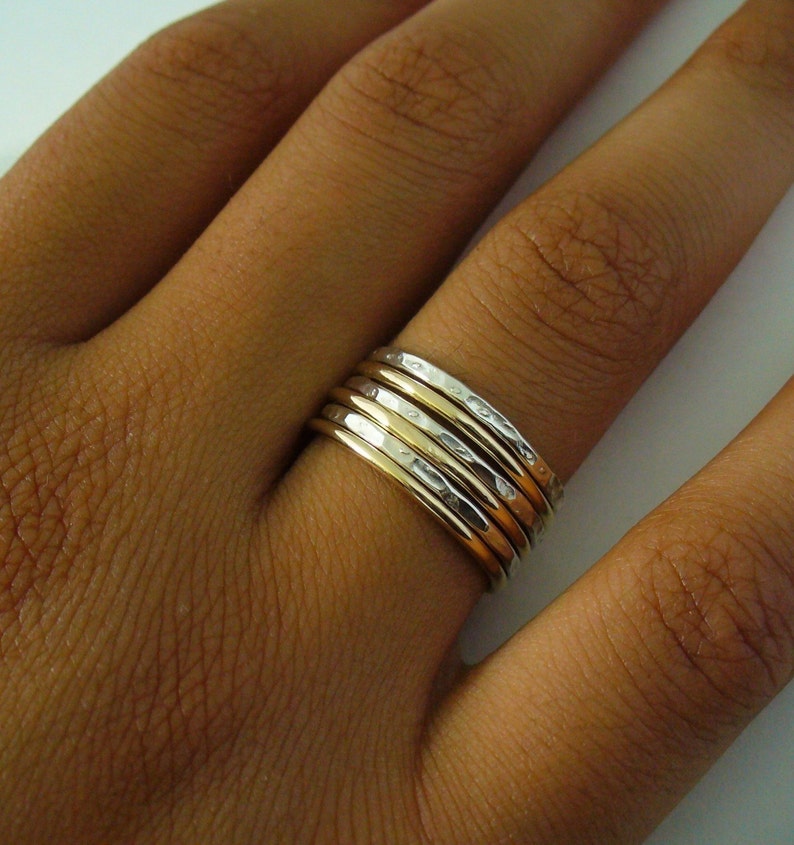Stack Ring Set of 6 Polished Gold Band Hammered Silver Band Stacking ...