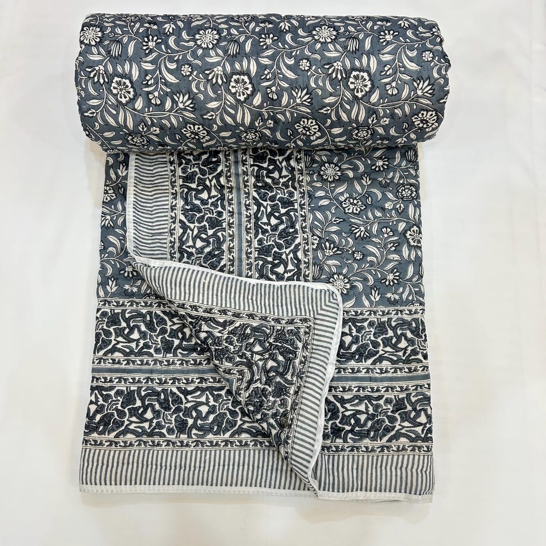 Handmade Floral Handblock Print Cotton Razai, Reversible Single Bed ...