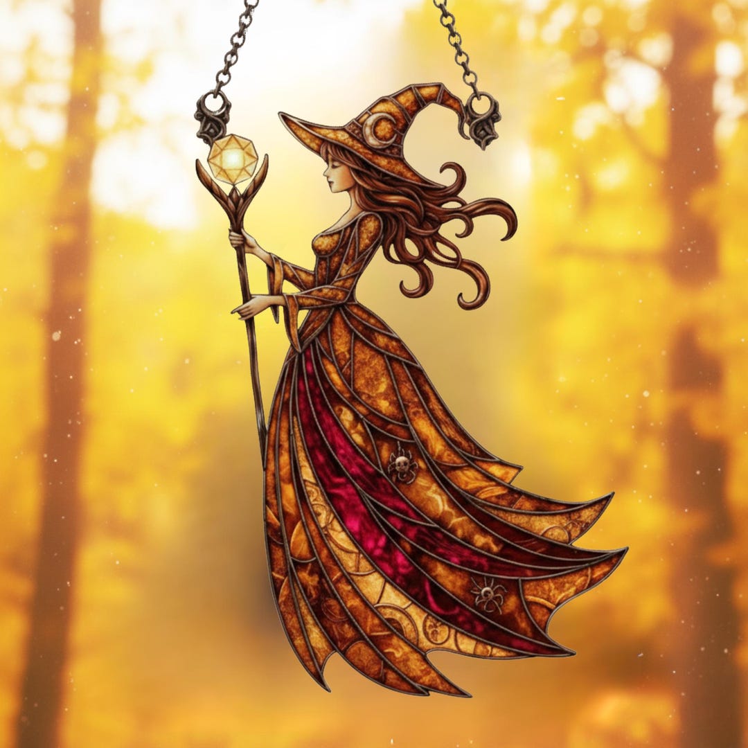Halloween Witch Suncatcher, Witch Faux Stained Glass Window Hanging ...