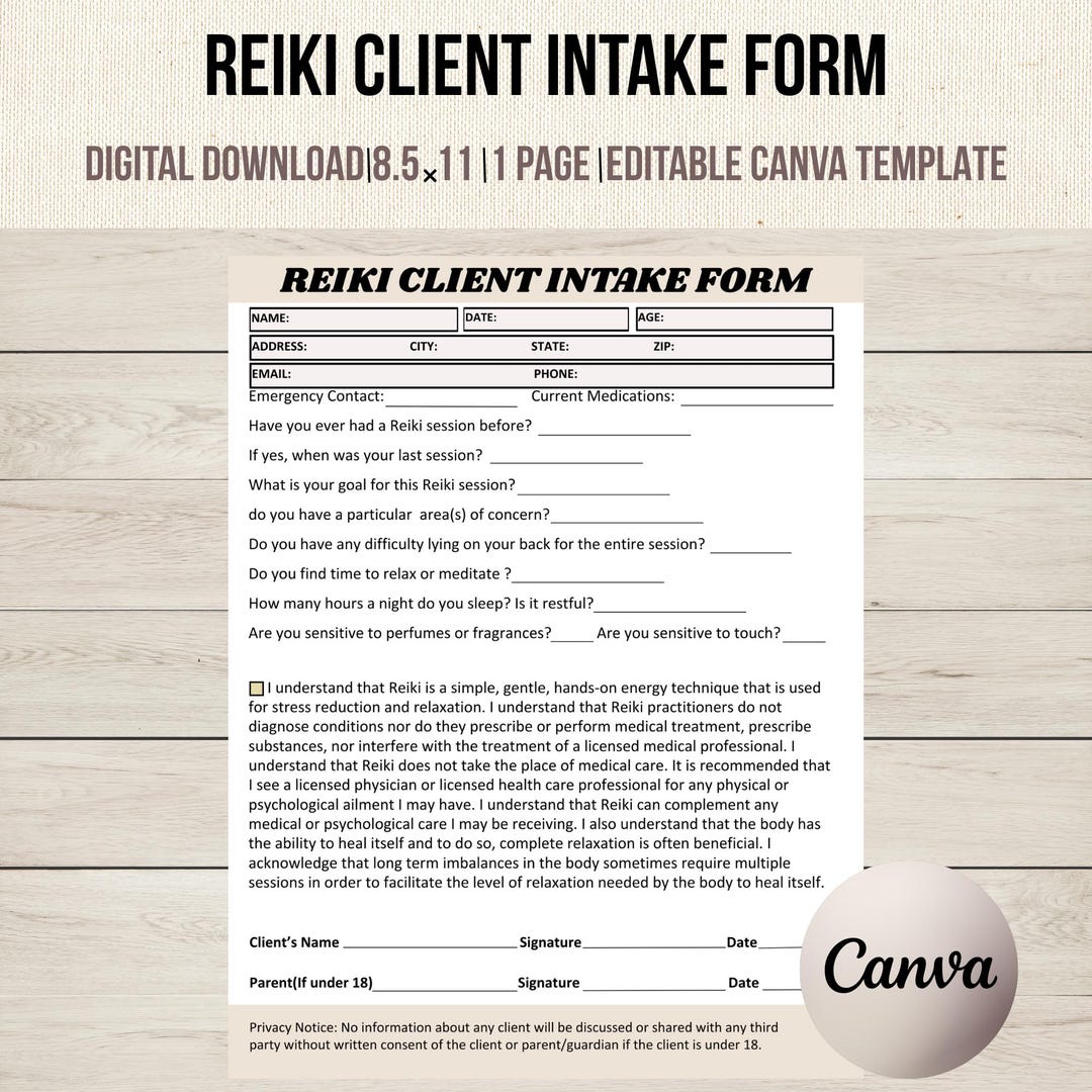 Printable Reiki Client Intake Form, Energy Healing Client Intake Form ...