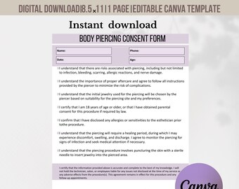 Body Piercing Consent Form, Piercing Client Intake and Consent Form ...