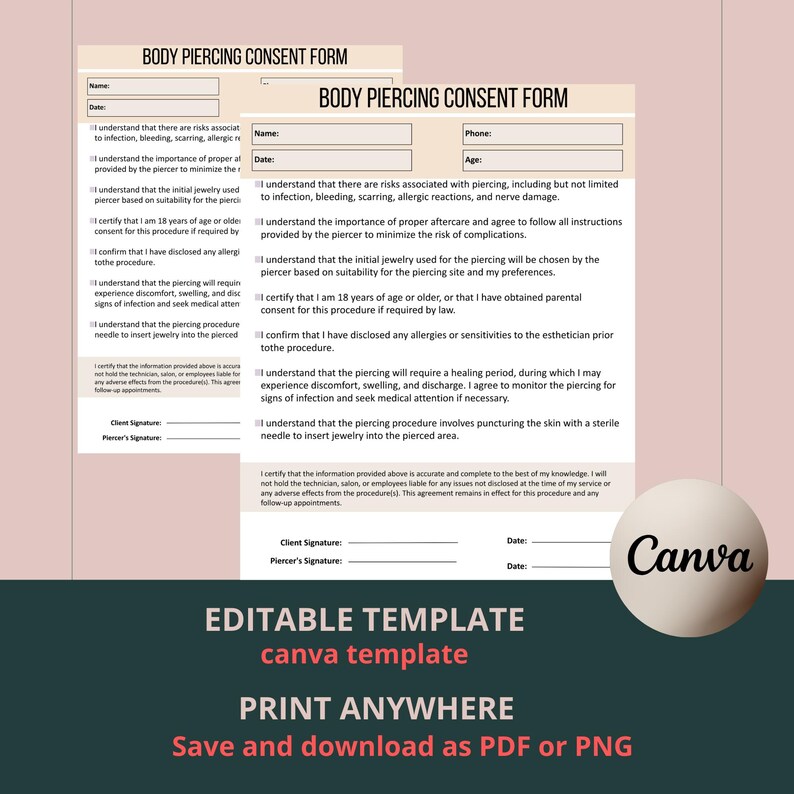 Piercing Client Consent Form Template (PDF) - Etsy