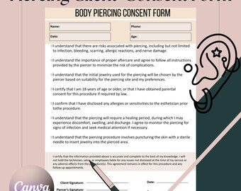 Body Piercing Consent Form, Piercing Client Intake and Consent Form ...