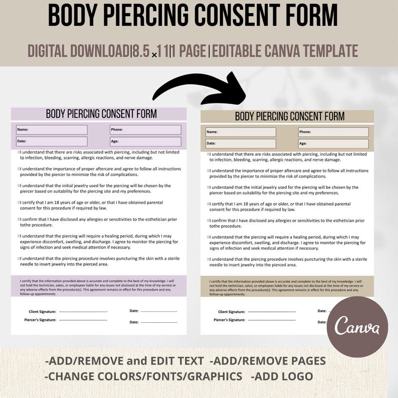Piercing Consent Form Template, Client Intake (digital Download) - Etsy