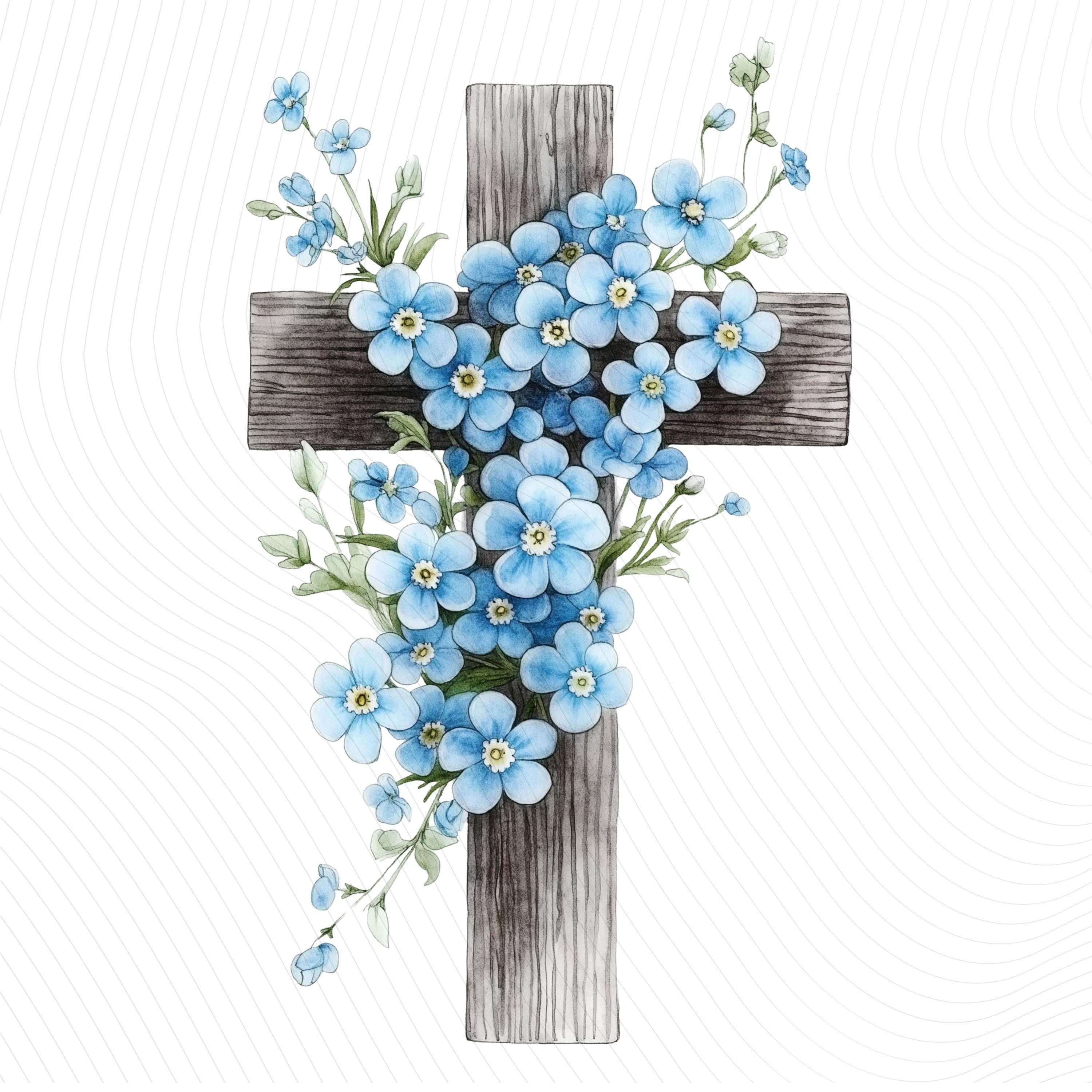 Cross in Forget Me Not Flowers, Floral Cross, Printable Watercolor ...
