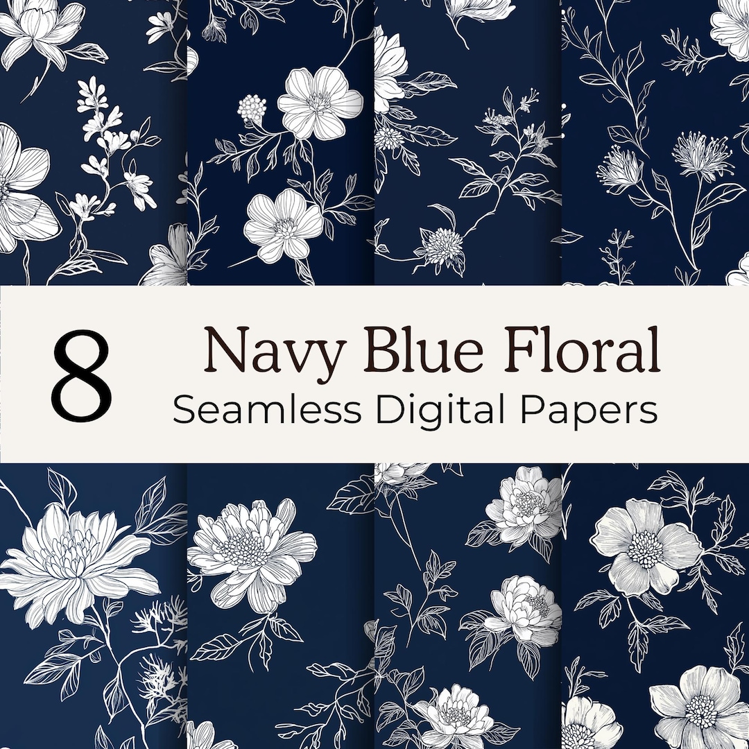 Navy Blue Floral Digital Paper, Minimal White Flower Seamless Patterns ...