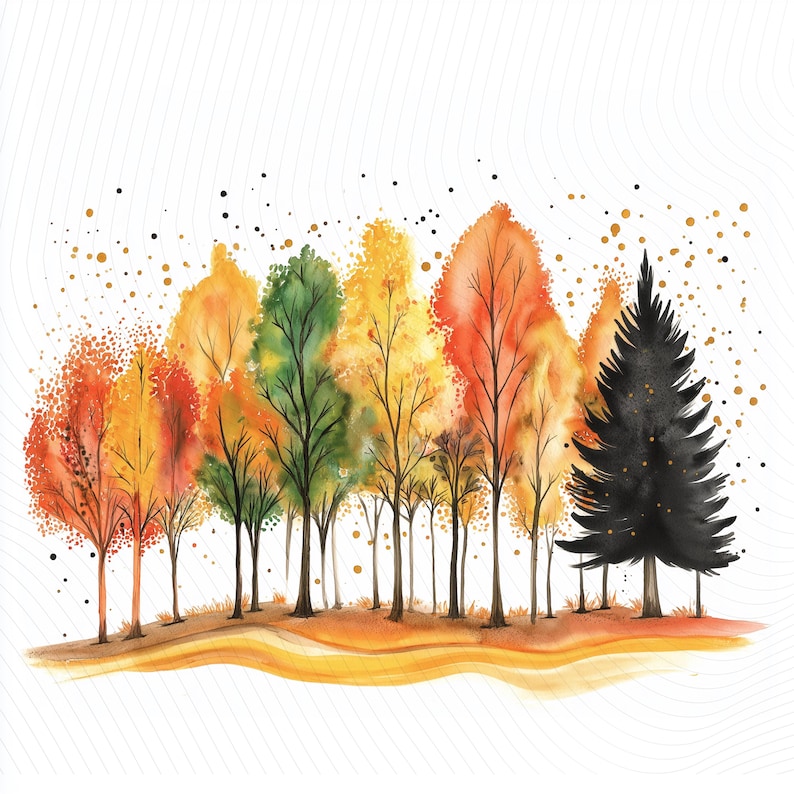 Autumn Tree Clipart, Gold Autumn Trees, Printable Watercolor Clipart ...