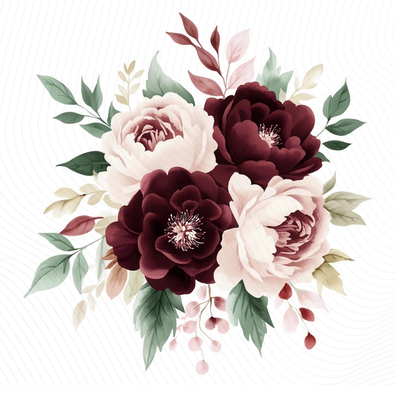 Watercolor Burgundy Floral Bouquet, Burgundy Flowers, Floral Borders ...