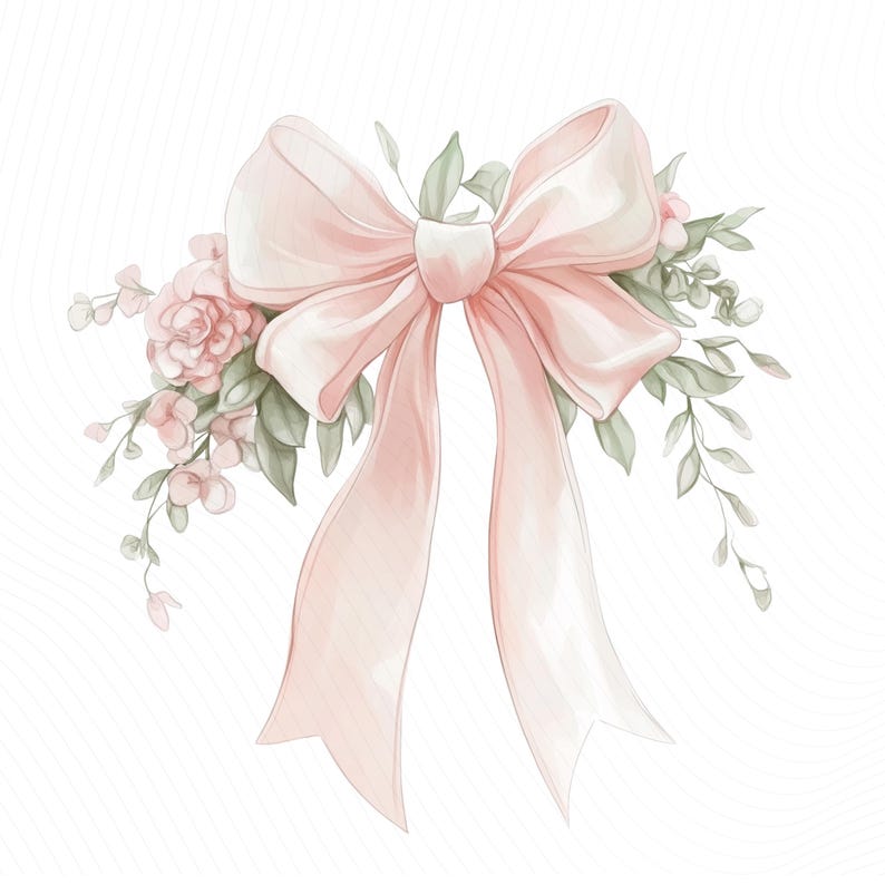 Pink Coquette Ribbon Bow Watercolor Clipart: Floral PNG (digital ...