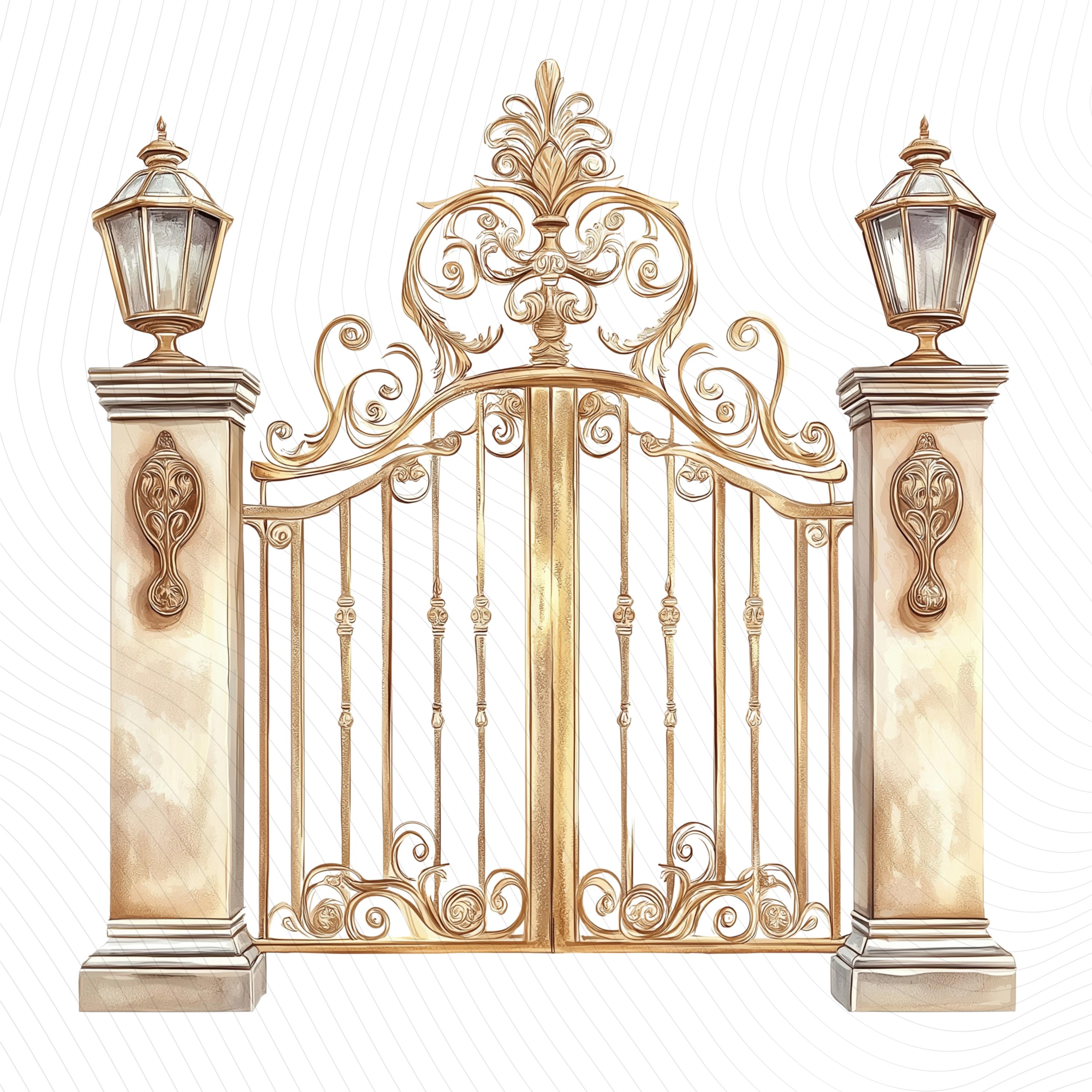 Watercolor Gold Gate Clipart, Heavenly Gates Clipart, Garden Gate ...