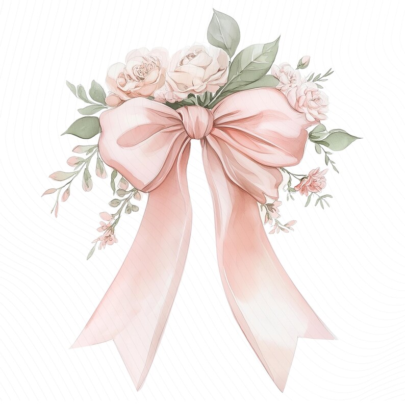 Pink Coquette Ribbon Bow Watercolor Clipart: Floral PNG (digital ...