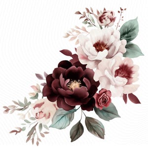 Watercolor Burgundy Floral Bouquet, Burgundy Flowers, Floral Borders ...