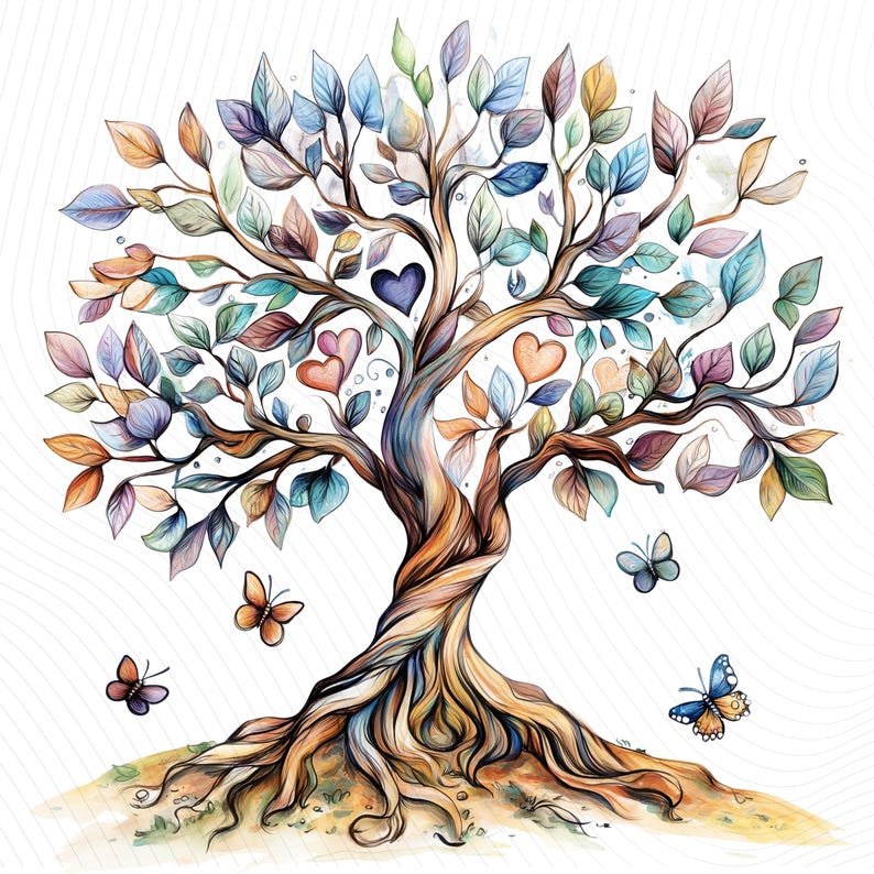 Colorful Tree of Life Clipart, Butterfly Family Tree, Botanical Clipart ...