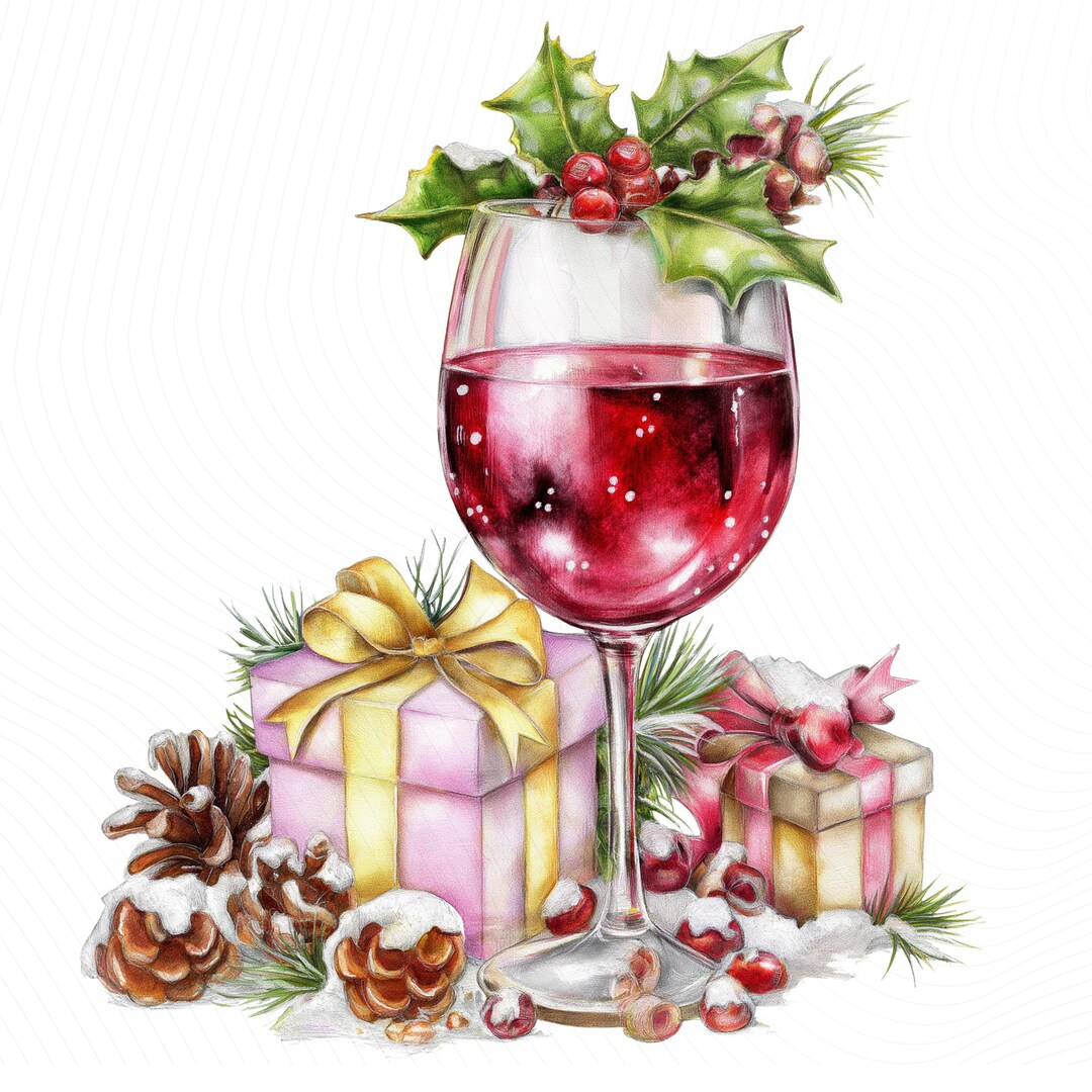 Christmas Wine Clipart, Christmas Clipart, Holiday Wine Glass, Festive ...