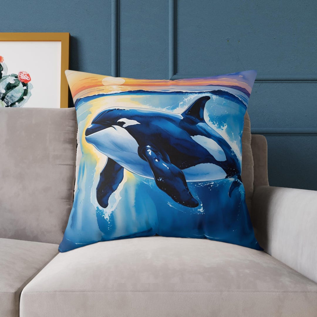 Watercolor Orca Sunset Pillow: Coastal Whale Art - Etsy