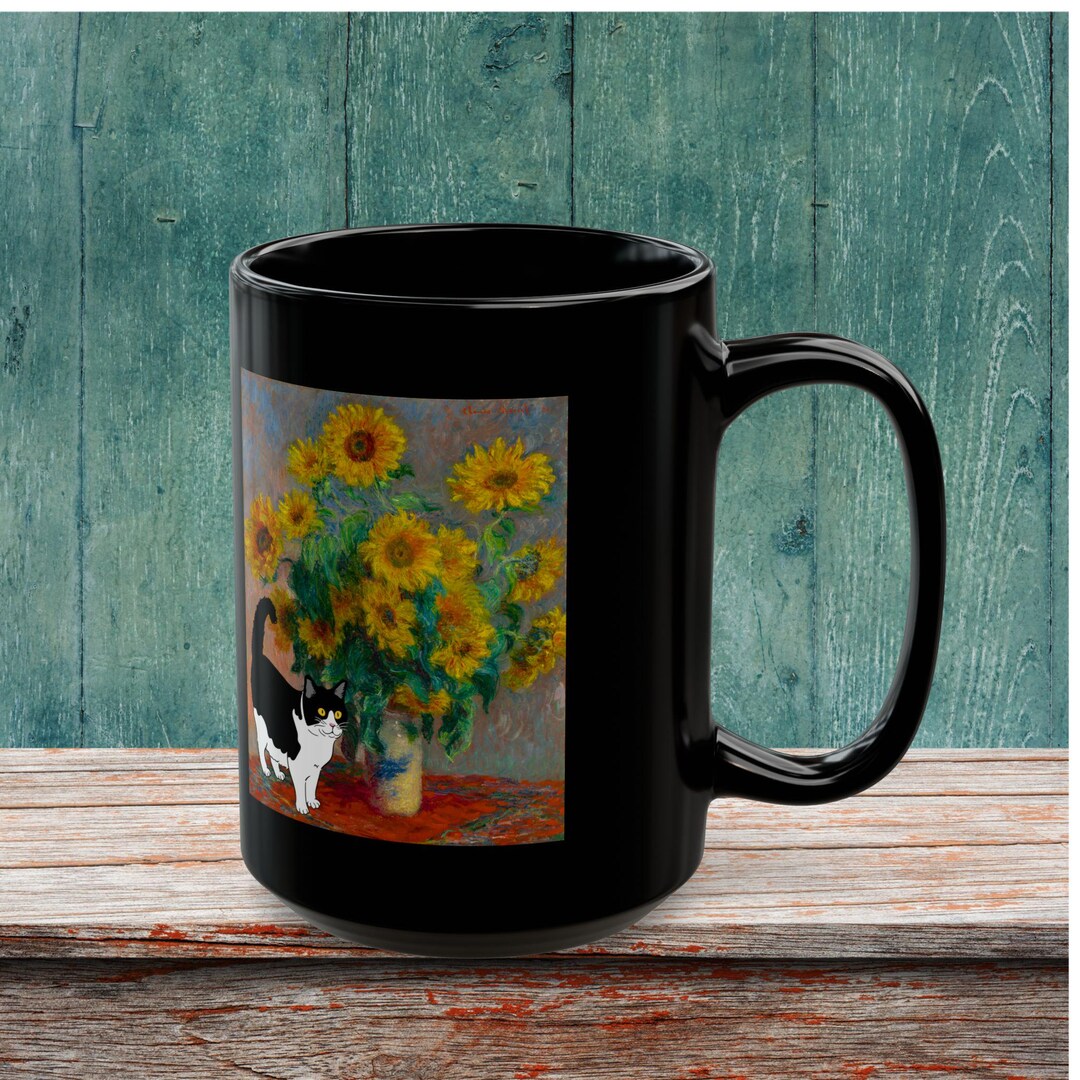 Monet Sunflowers Mug, Black and White Cat Art, Impressionist Coffee Cup ...