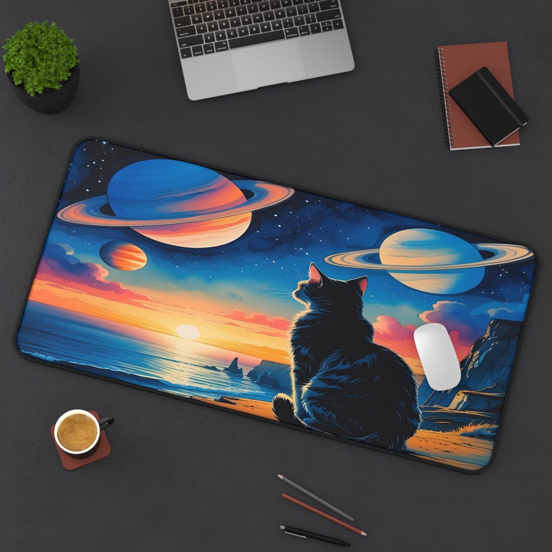 Stargazing Cat Desk Mat: Alien World Artscape, Science Fiction Mouse ...