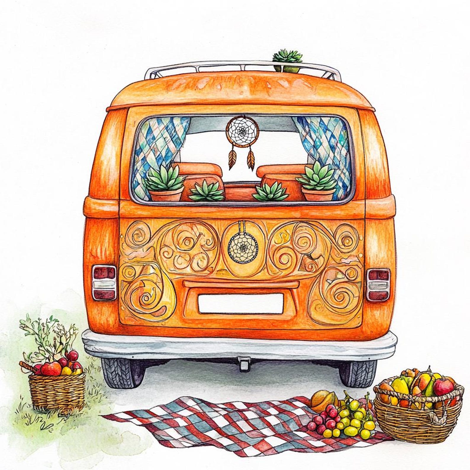 Boho Buss Clipart Set – 10 High-res Watercolor Jpgs – Whimsical Vintage ...