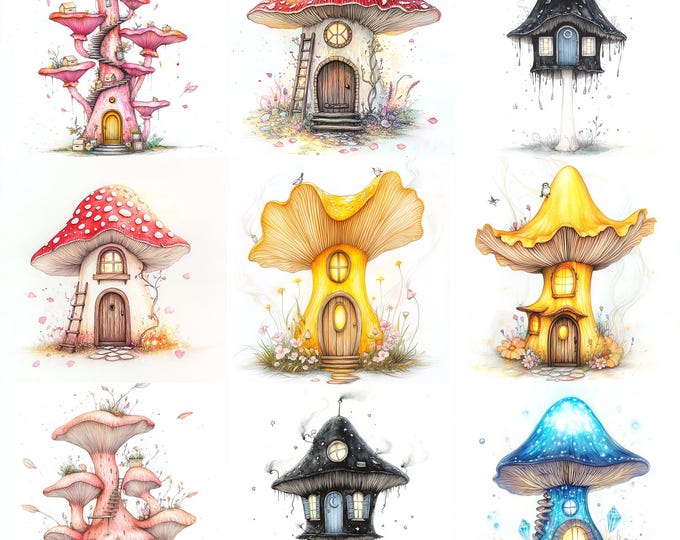 Toadstool House Clipart - Jpgs - Fantasy House Watercolor Clipart ...