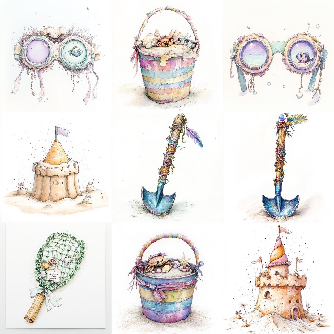 Whimsical Beach Toys Clipart – 10 High-res Watercolor Summer Bucket ...