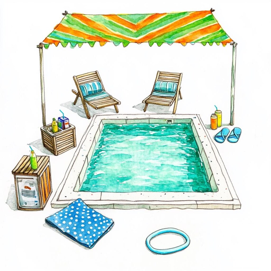 Retro Poolside Vibes Clipart – 10 High-res Watercolor Jpgs – Vintage ...