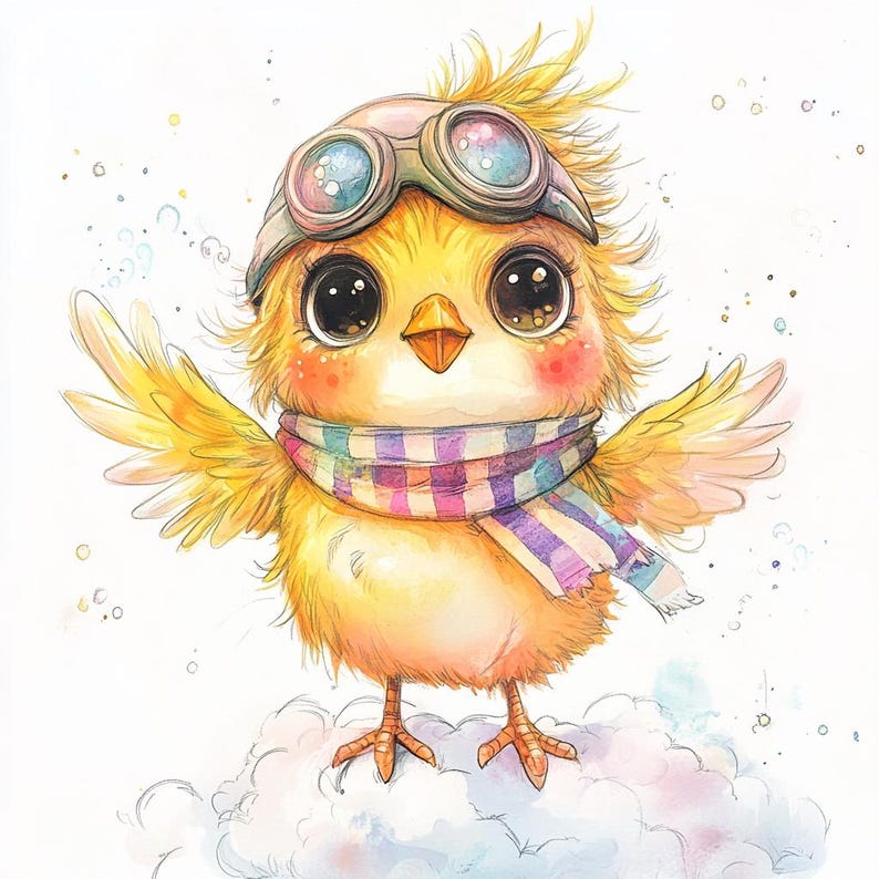 Aviator Bird Clipart – 10 High-res Watercolor Jpgs – Cute Flying Chick ...