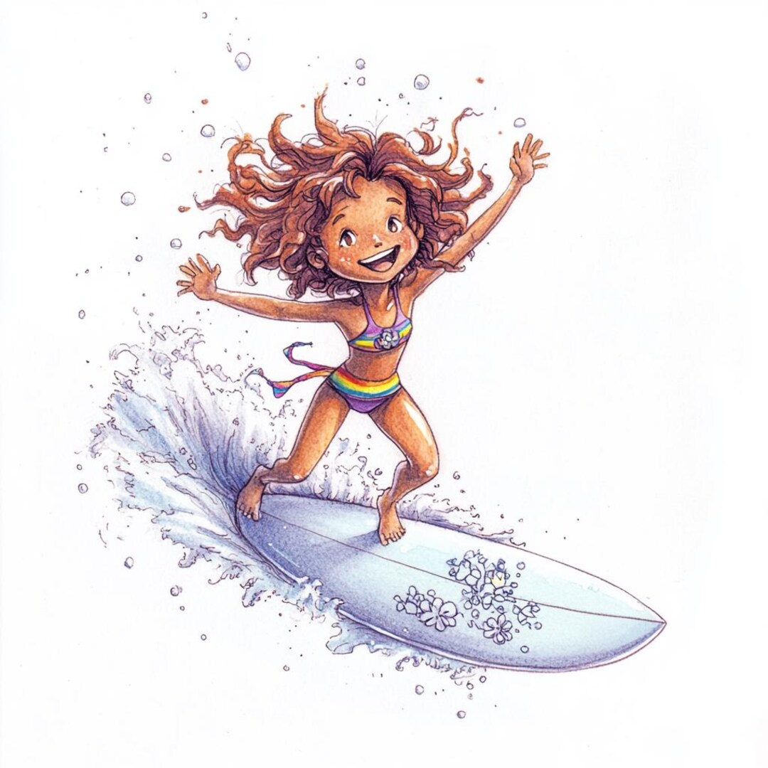Surf Kids Clipart – 10 High-res Watercolor Jpgs – Cute Beach Children ...