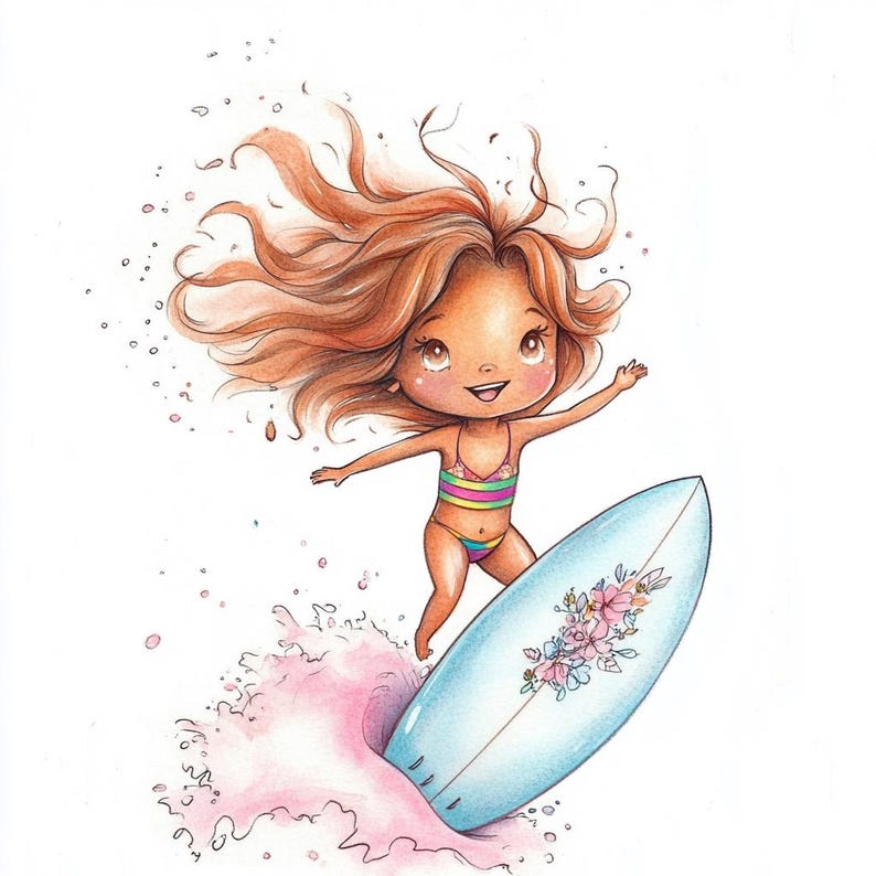 Surf Kids Clipart – 10 High-res Watercolor Jpgs – Cute Beach Children ...