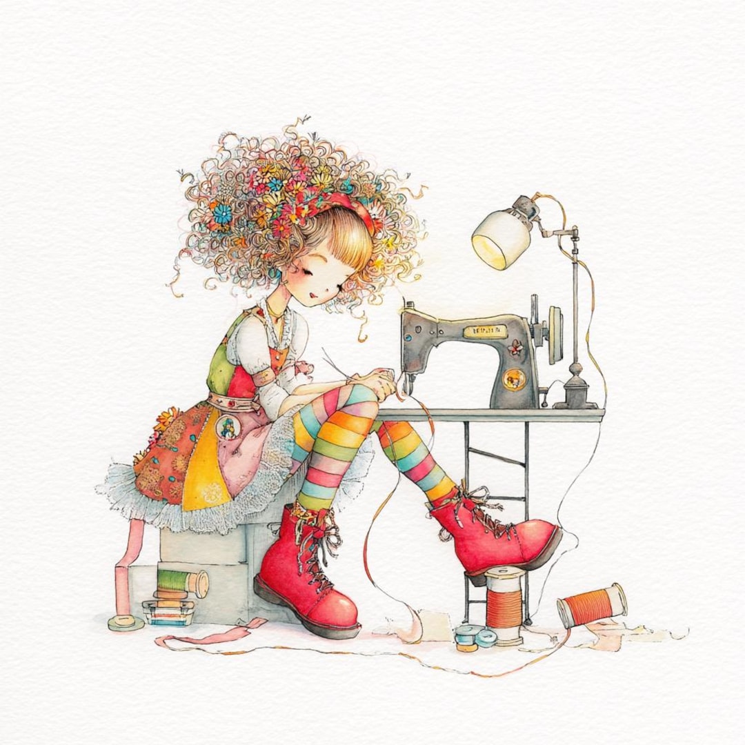 Whimsical Sewing Girl Clipart – 10 Watercolor Crafter Character Jpgs ...