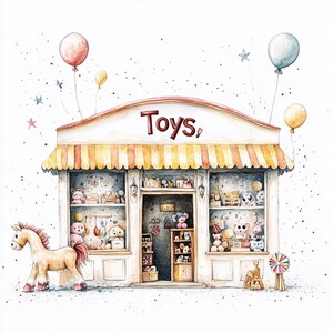 Whimsical Toy Shop Clipart – 10 Watercolor Storefront Jpgs – Vintage ...