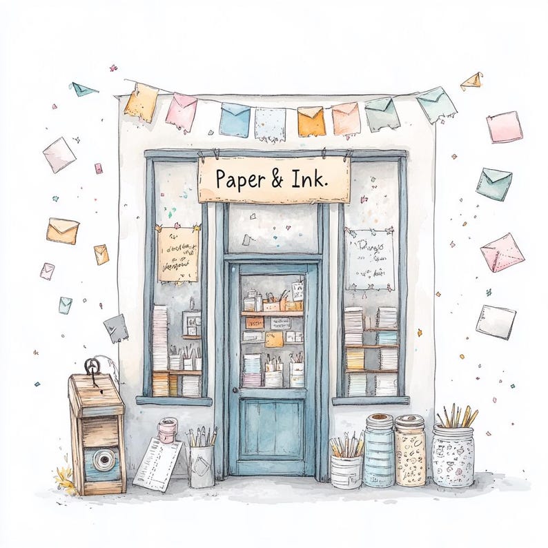 Paper Shop Clipart – 10 High-res Watercolor Jpgs – Whimsical Stationery ...
