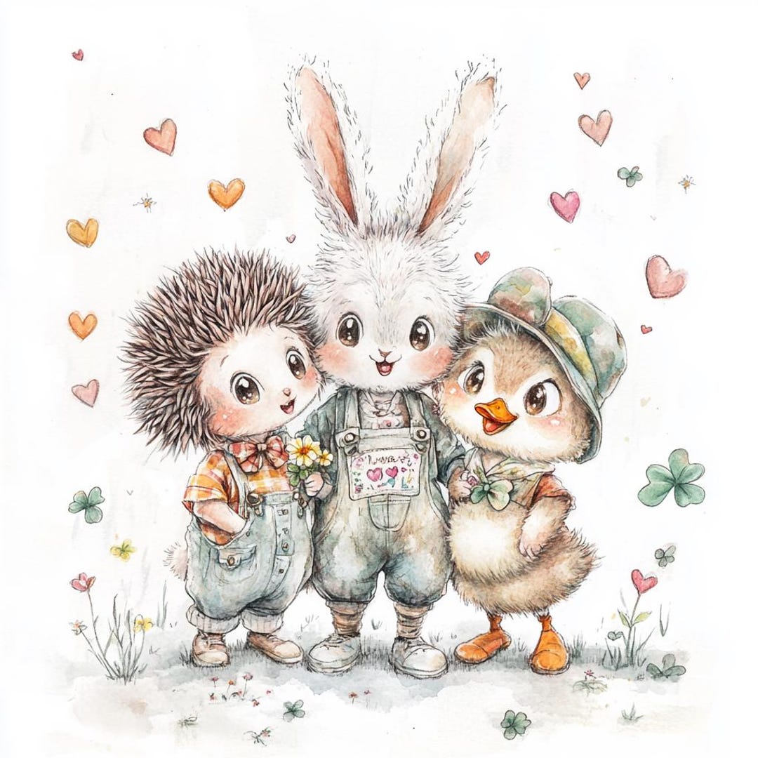 Woodland Friends Clipart Set – 10 High-res Jpgs – Whimsical Bunny, Duck ...