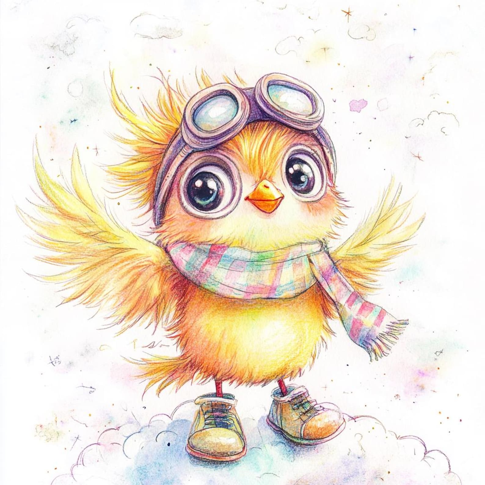Aviator Bird Clipart – 10 High-res Watercolor Jpgs – Cute Flying Chick ...