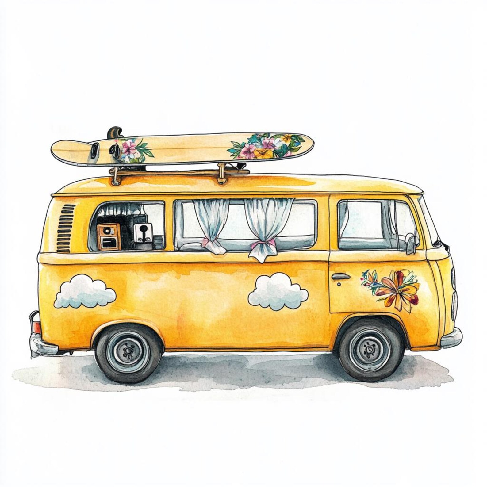 Surf Van Clipart Set – 10 High-res Watercolor Jpgs – Retro Beach Bus ...
