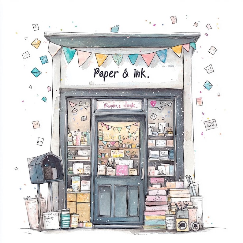 Paper Shop Clipart – 10 High-res Watercolor Jpgs – Whimsical Stationery ...