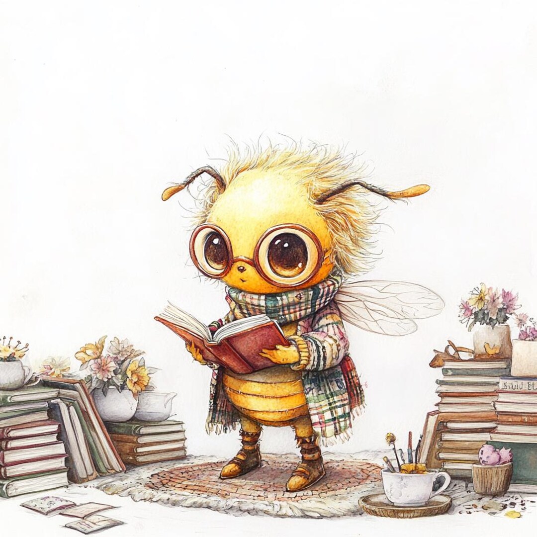 Cozy Reading Bee Clipart Set – 10 High-res Jpgs – Whimsical Bookish Bee ...