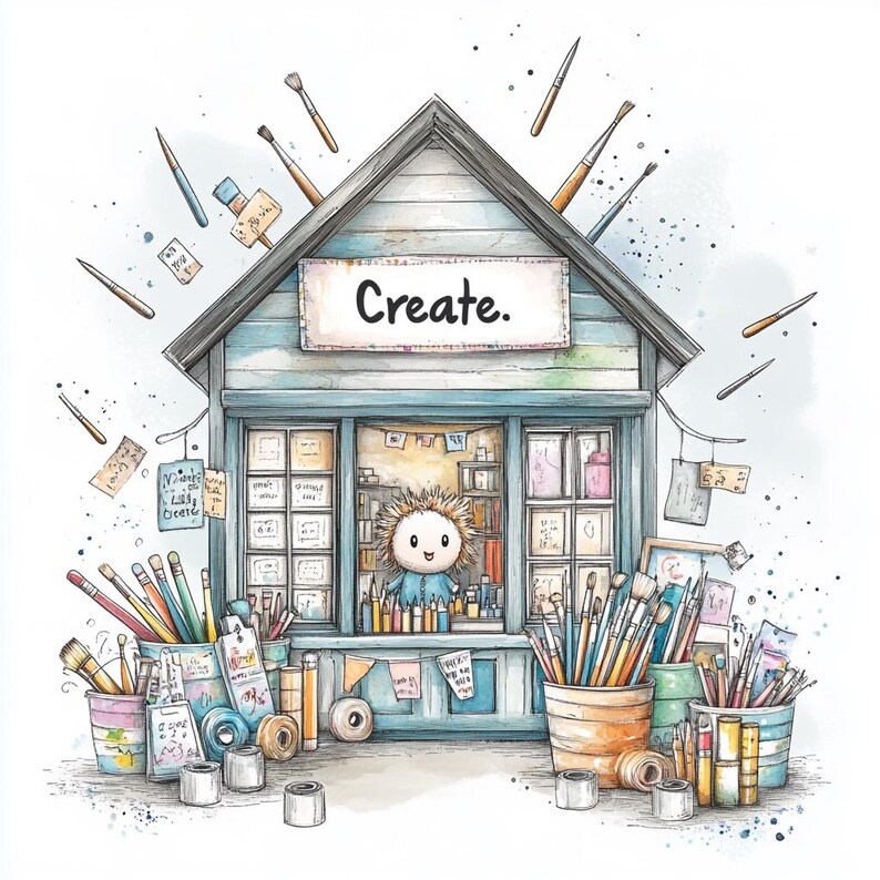 Whimsical Art Supply Shop Clipart – 10 High-res Watercolor Craft Store ...