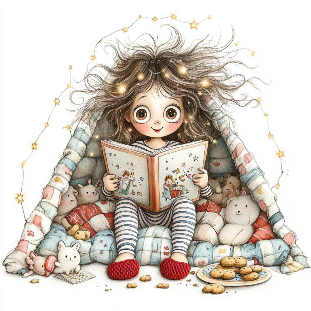 Magical Bedtime Story Girl Clipart – 10 High-res Watercolor Jpgs – Cozy ...