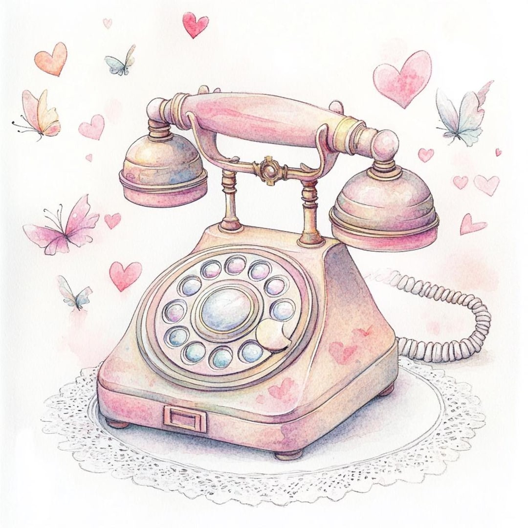 Vintage Pink Phone Clipart – 10 High-res Watercolor Jpgs – Romantic ...