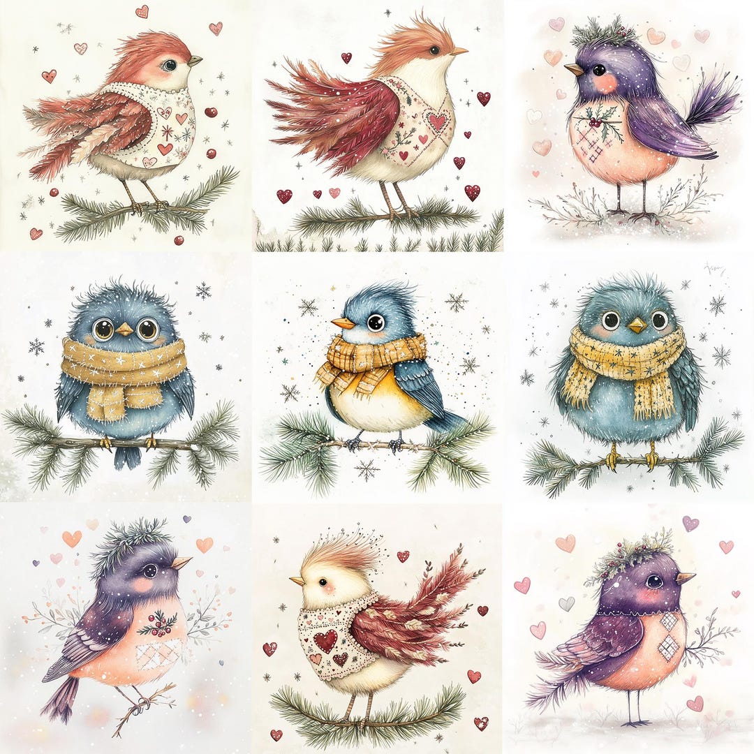 Whimsical Winter Birds Clipart – 10 High-res Watercolor Jpgs – Cozy ...