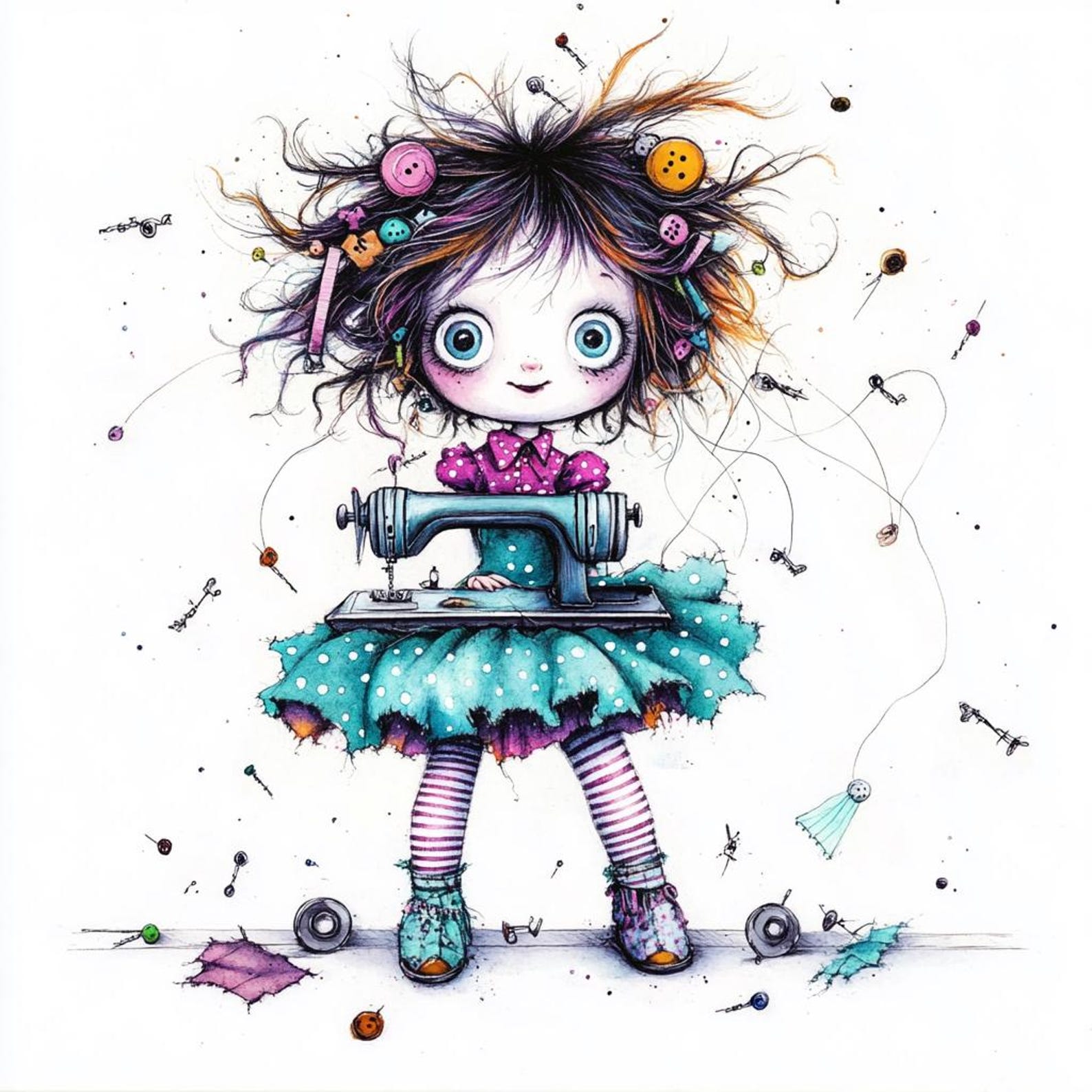 Whimsical Sewing Girl Clipart – 10 High-res Watercolor Jpgs – Cute ...
